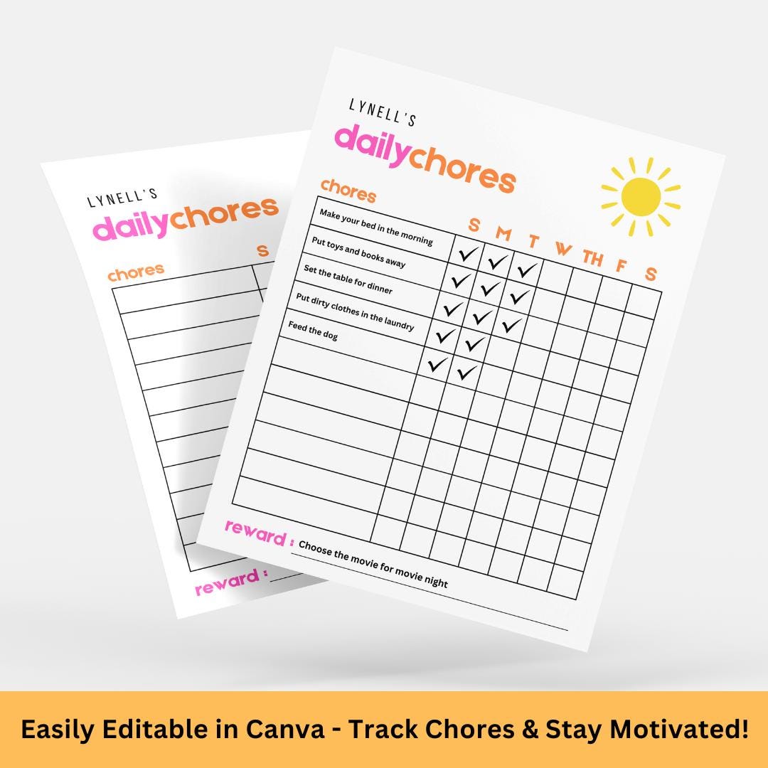 Chore Chart for Kids, Printable Editable Daily Chore Chart ...