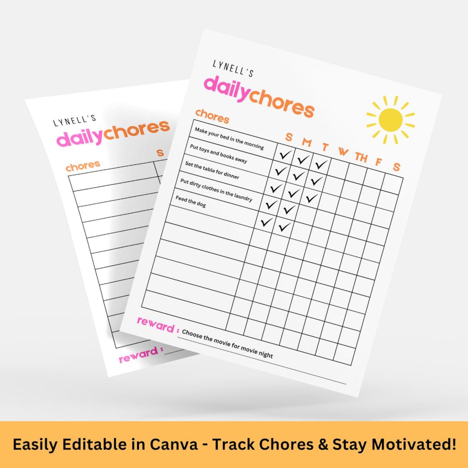 Chore Chart for Kids, Printable Editable Daily Chore Chart ...