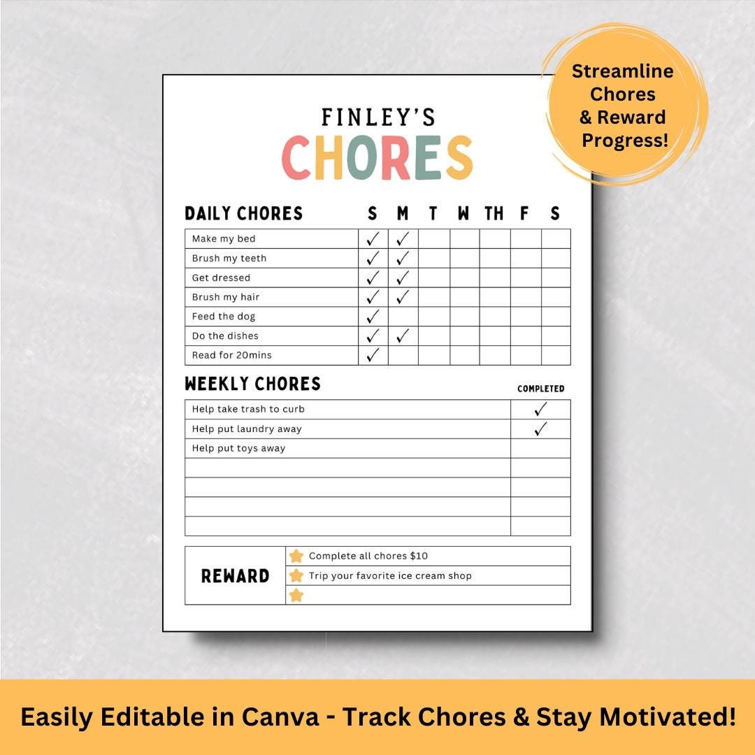 Chore Chart for Kids, Printable Editable Daily & Weekly Chore Chart ...