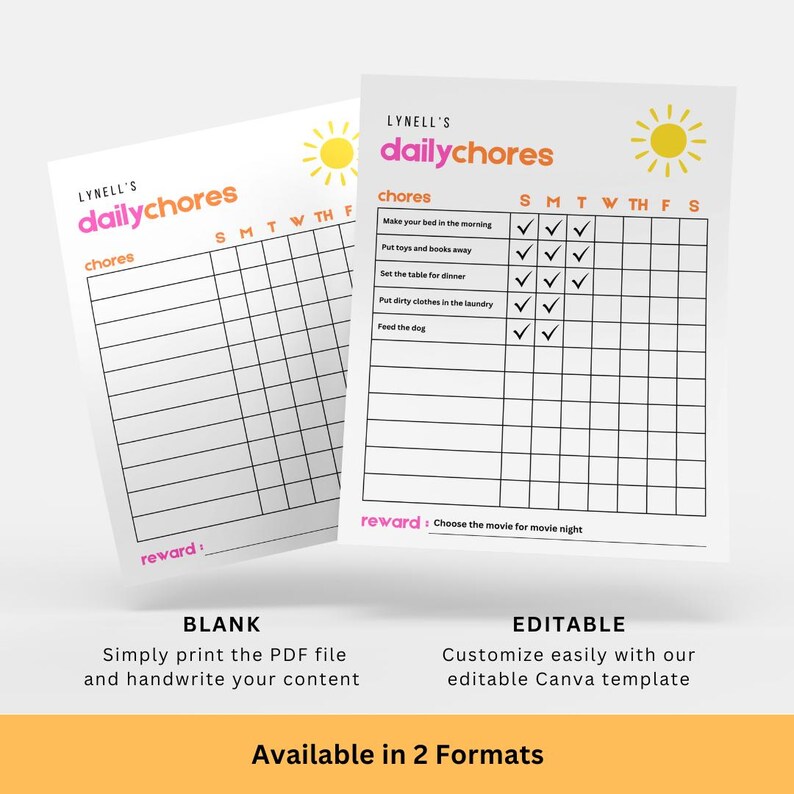 Chore Chart for Kids, Printable Editable Daily Chore Chart ...