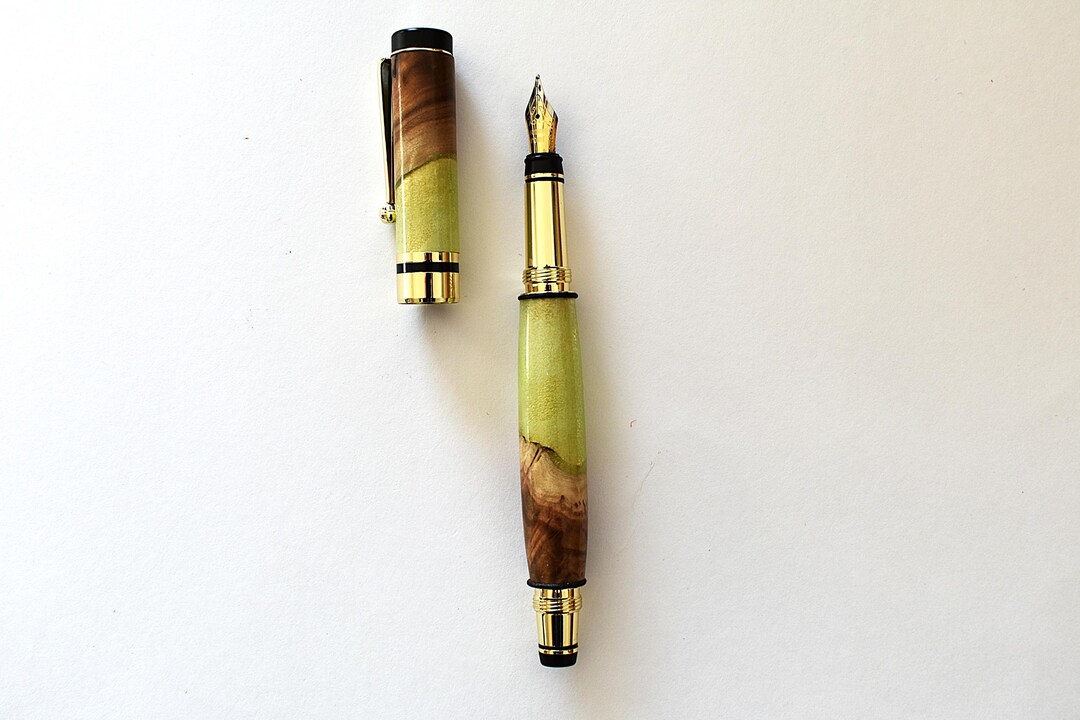 Luxury Fountain Pen Turned From a Hybrid Timber Burr Acacia and Green ...