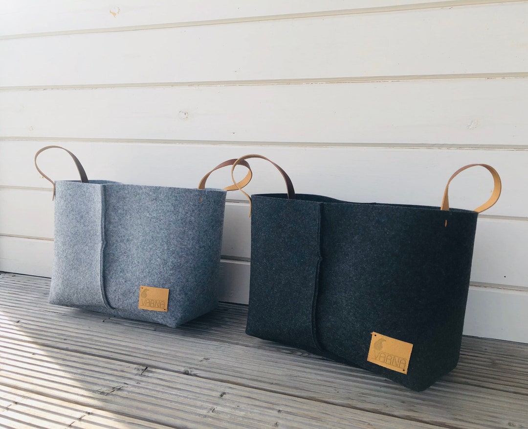 Set of 2 Handmade Felt Storage Baskets With Leather Handles - Etsy