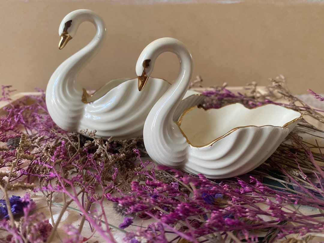 Two Porcelain Swans With 24k Gold Trim Candy Trinket Dish - Etsy