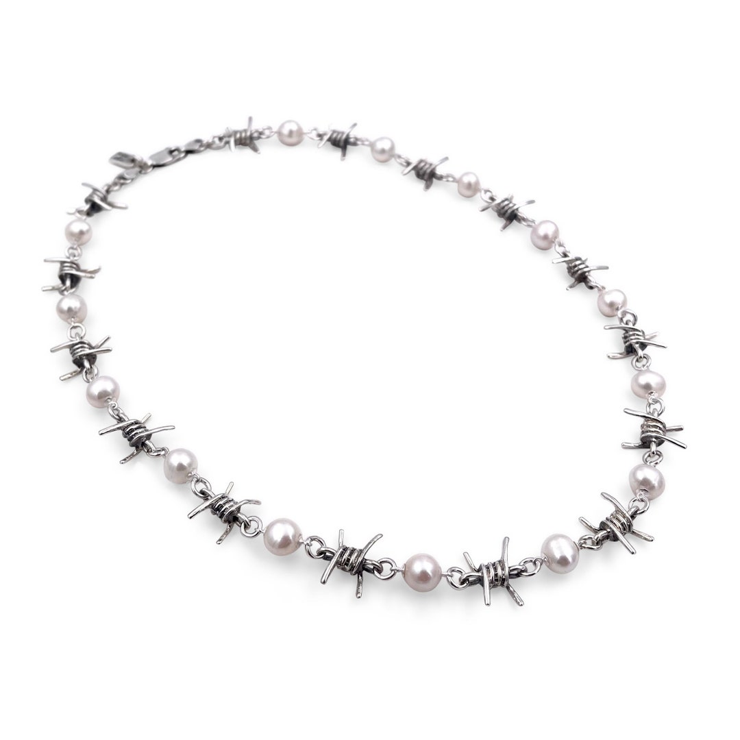 Barb Wire and Pearls Goth Choker | Sterling Silver Barbed Wire Necklace ...