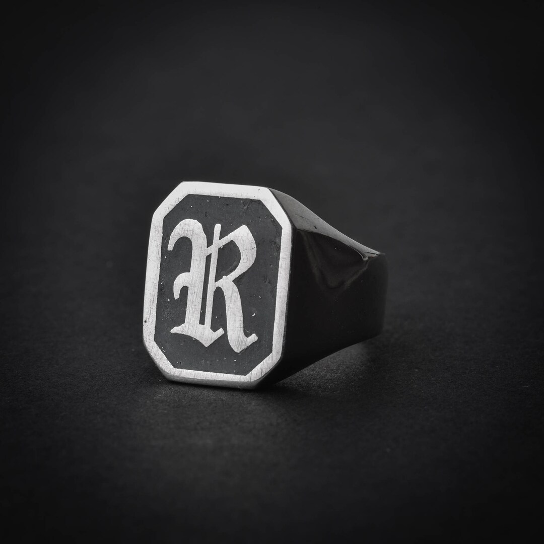 Silver Initial Signet Ring | Name Signet Ring | Octagon Letter Ring ...
