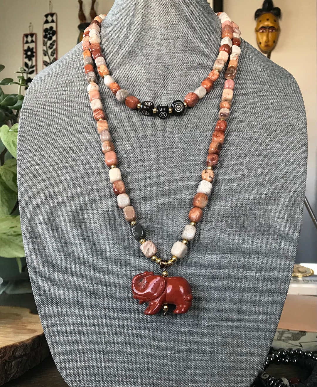 Red Jasper Elephant Pendant Necklace: Fossil Stone & Batik Bone Beads ...