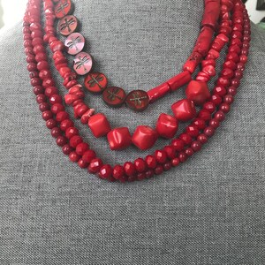 Red Multi Strand Necklace, Red Coral Necklace, Firefly Necklace, Red ...