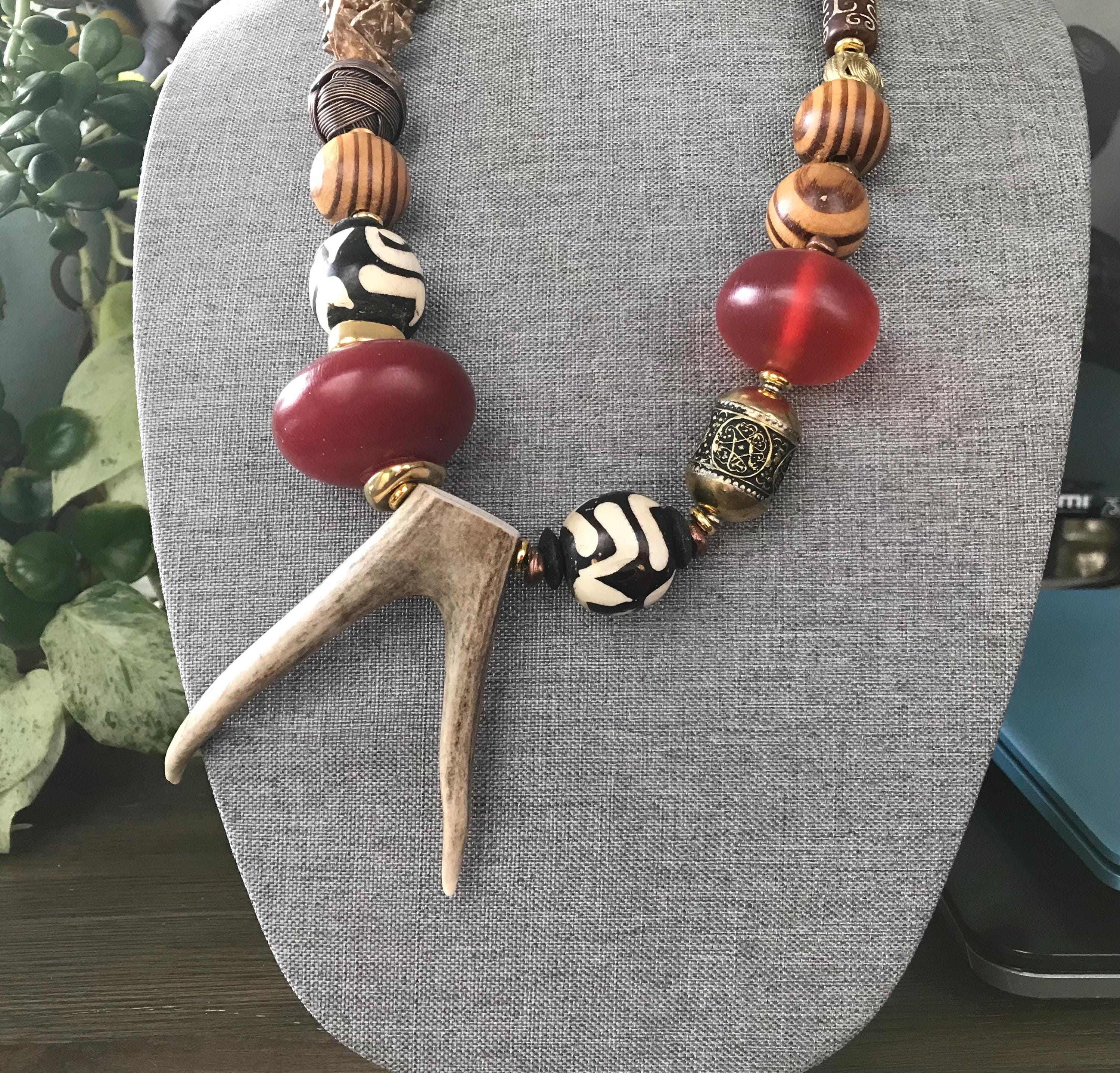Antler Pendant Necklace: Copal, Bone, and Wood African Beads - Etsy