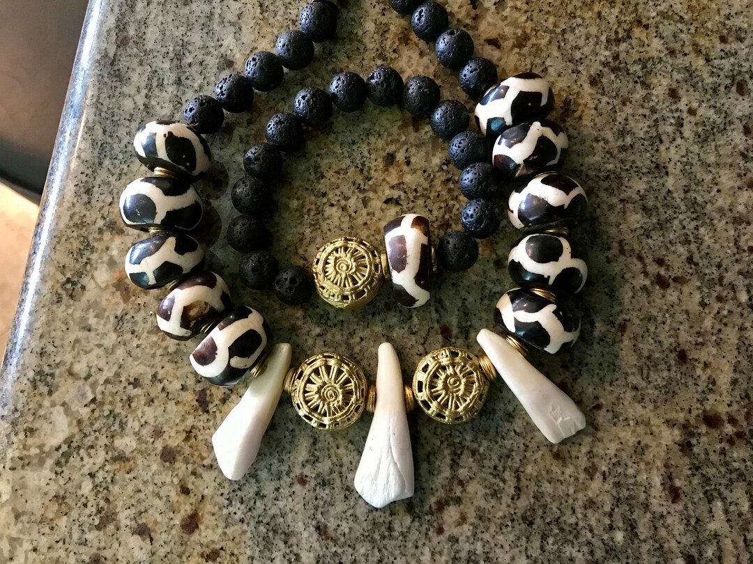 Tribal Necklace and Bracelet Set Mens Tribal Set Buffalo Teeth Necklace ...