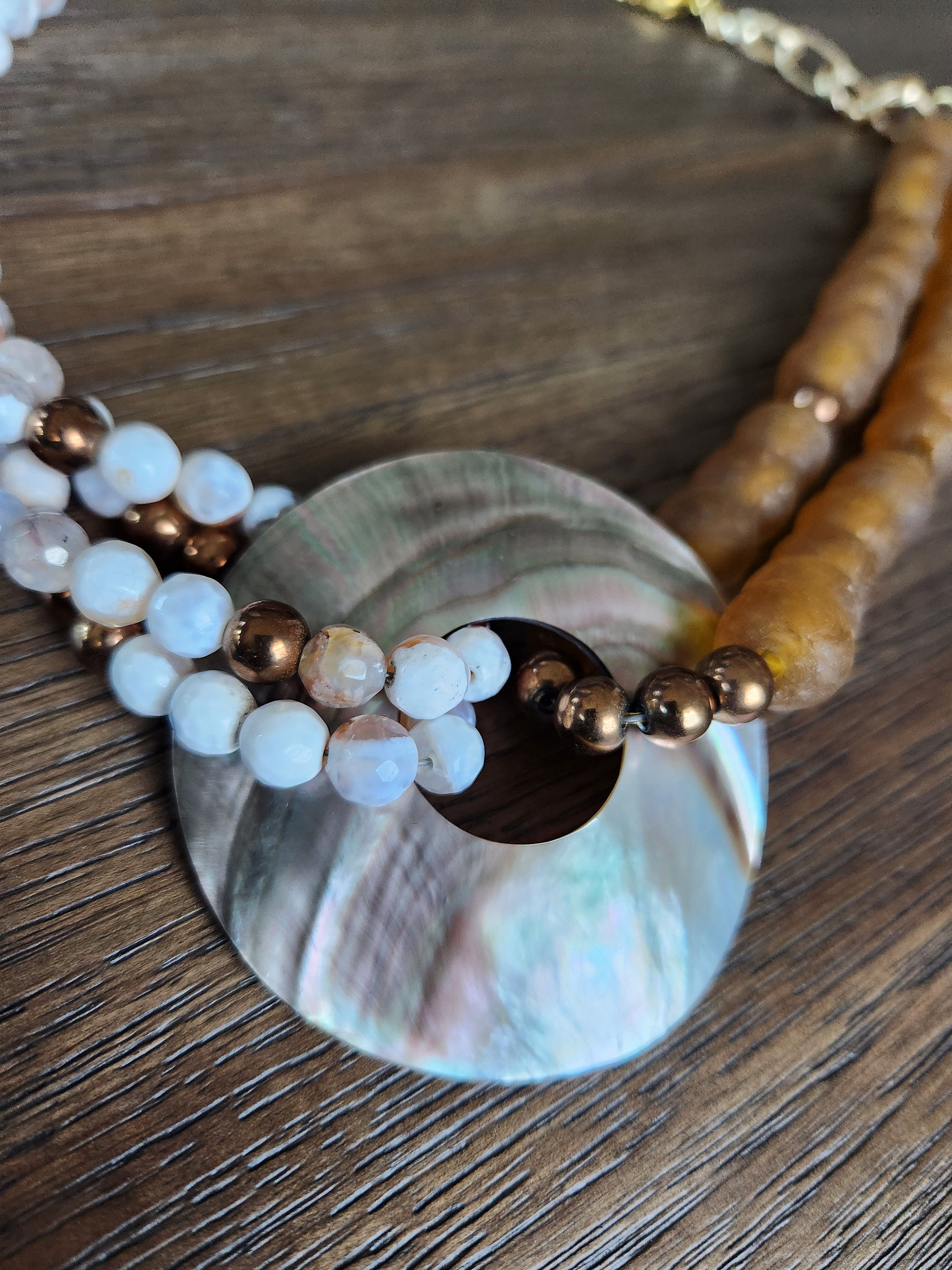 Abalone Pendant Necklace: Multi Strand Recycled Glass Bead Statement ...