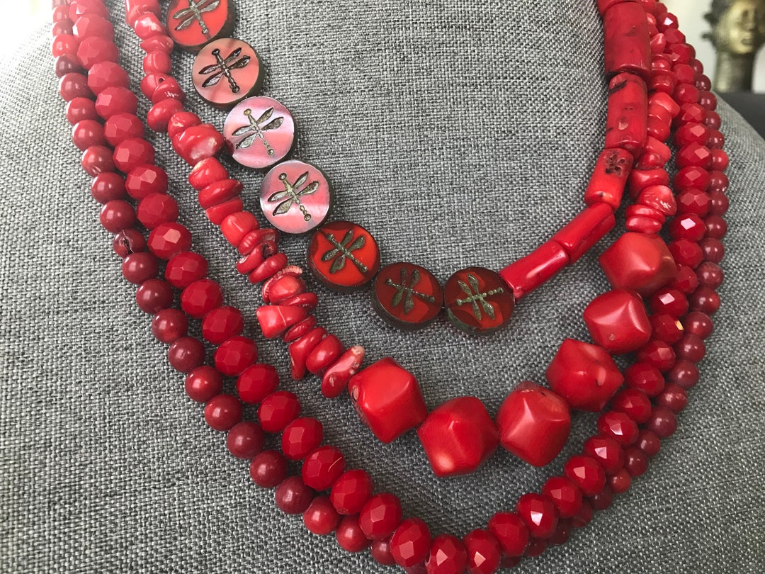 Red Multi Strand Necklace, Red Coral Necklace, Firefly Necklace, Red ...