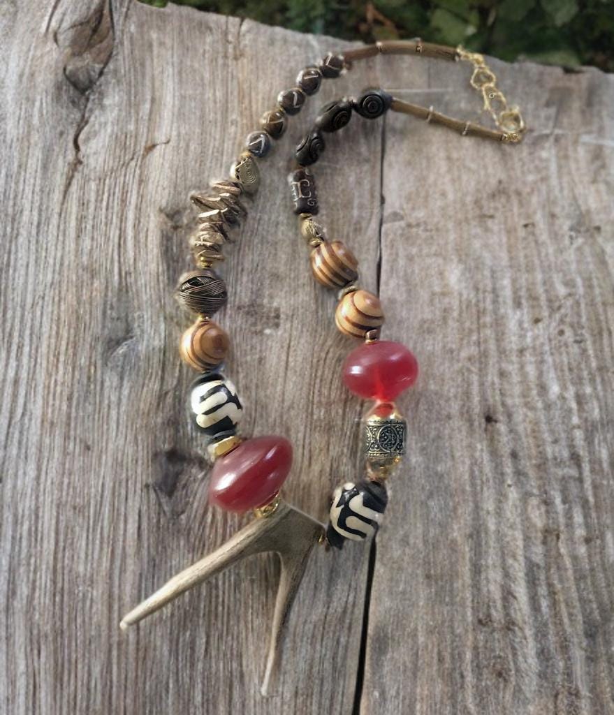 Antler Pendant Necklace: Copal, Bone, and Wood African Beads - Etsy