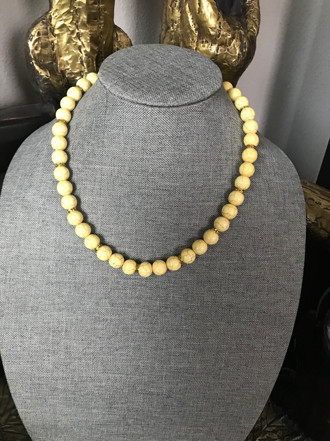 Yellow Magnesite Beaded Necklace Bracelet Set: Bronze Hematite Accents ...
