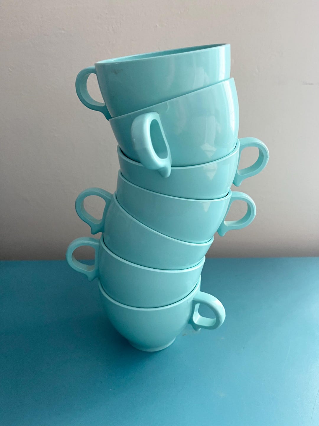 Vintage Melmac Melamine Turquoise Mugs Set of 7, Plastic Handled Cups ...