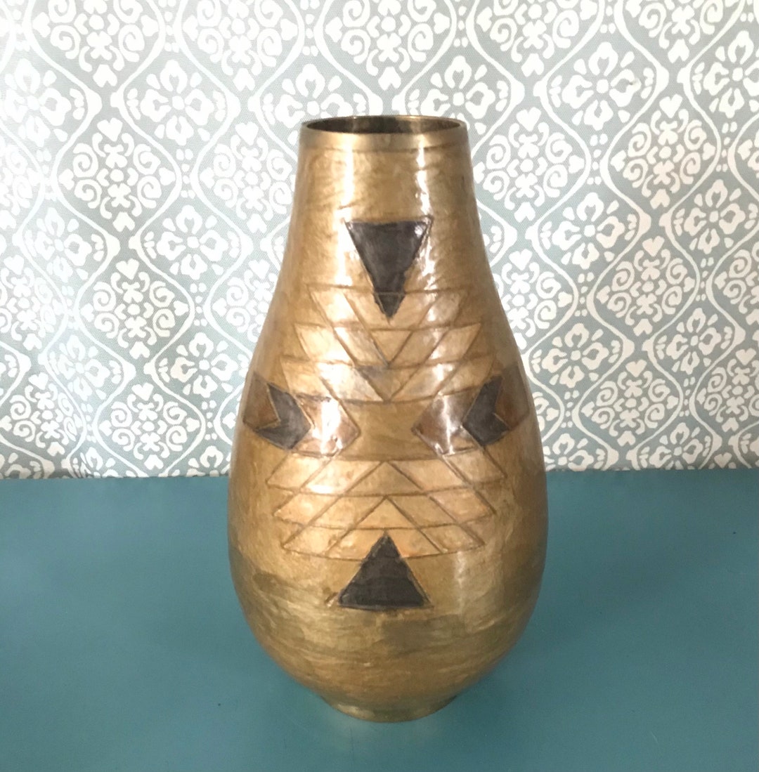Jarrón de latón esmaltado vintage, 10, jarrón geométrico azteca, hogar ...