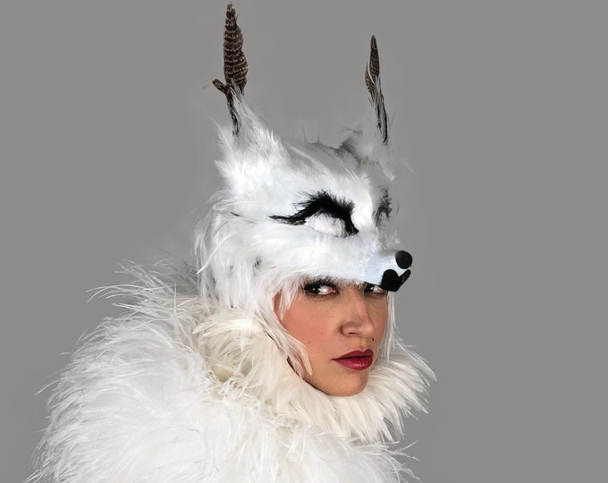 White Wolf Fox Costume Mask for Halloween Feather Mask - Etsy