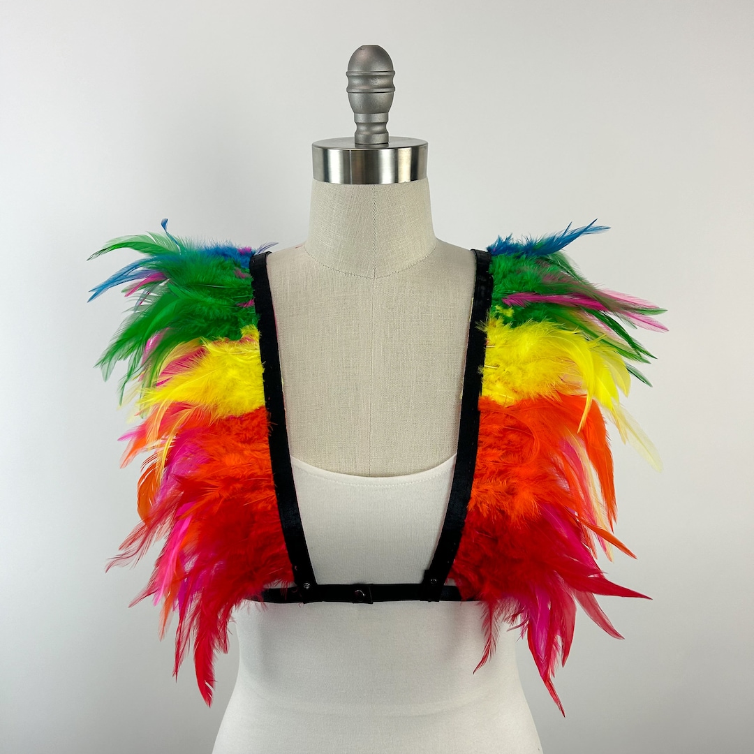 Rainbow Feather Fashion Harness for Festival & Rave Wear, Carnival ...