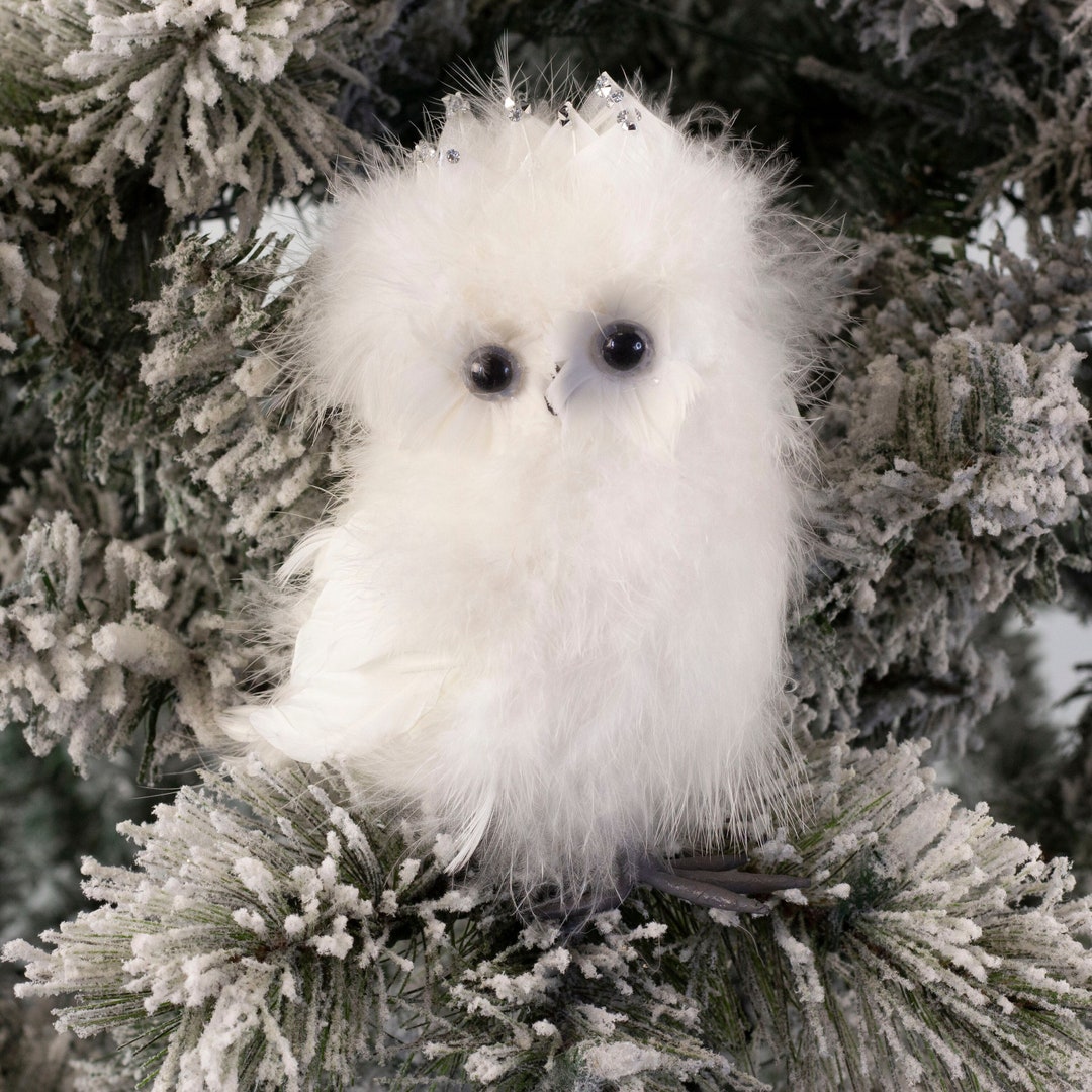Adorable Decorative White Snow Owl Bird Ornaments With Glitter Crown ...