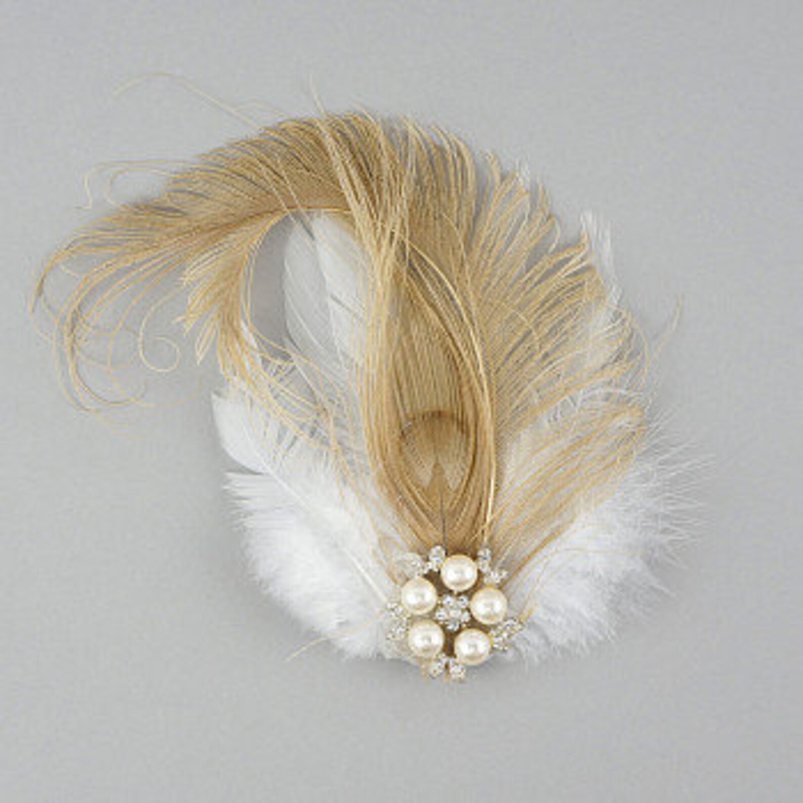 Beige & Ivory Feather Embellishment With Pearl and Rhinestone Accents ...