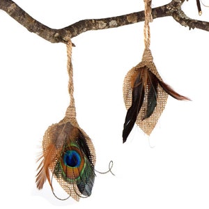 Decorative Feather Ornament - Burlap Tear Drop With Natural Feathers ...