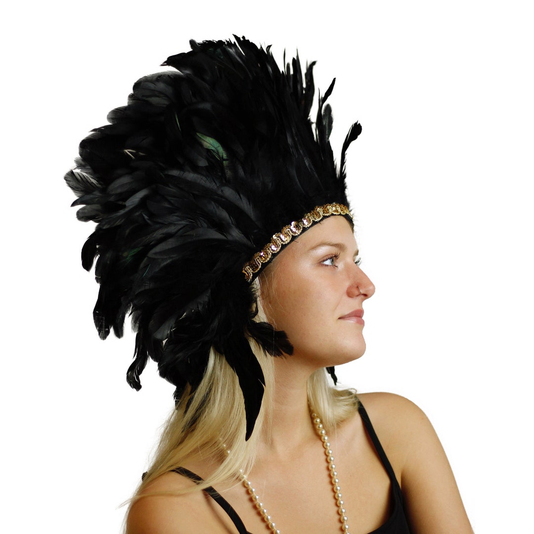 Black Feather Headdress With Gold Sequin Details, Spirit Feather ...