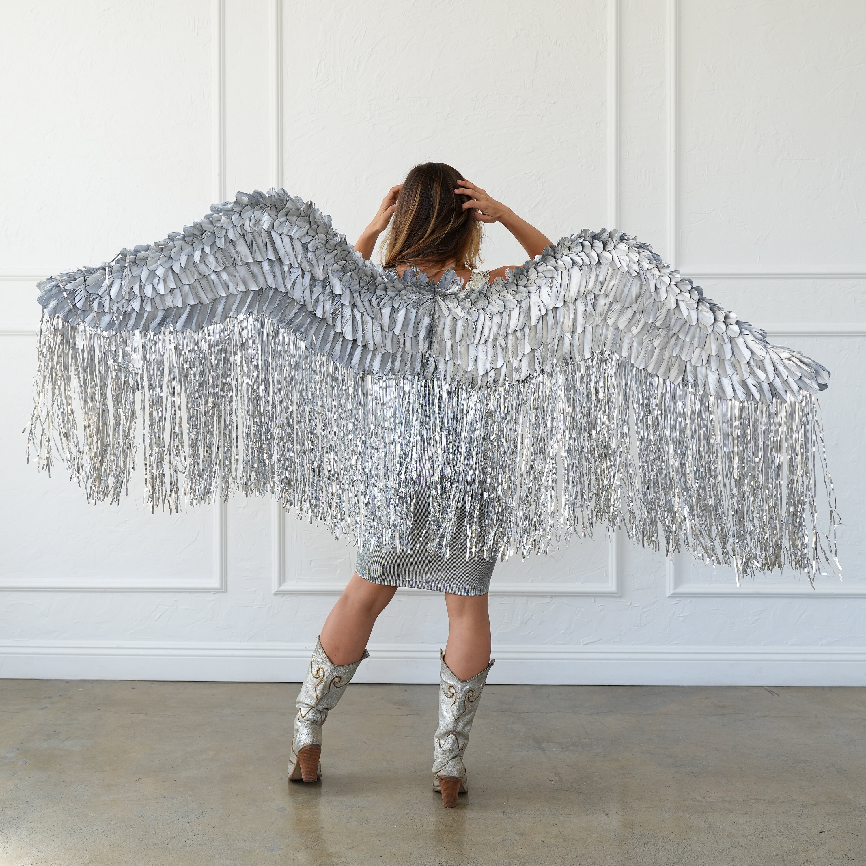 Glimmering Deluxe Silver Metallic Feather Angel Wings, Large Feather ...