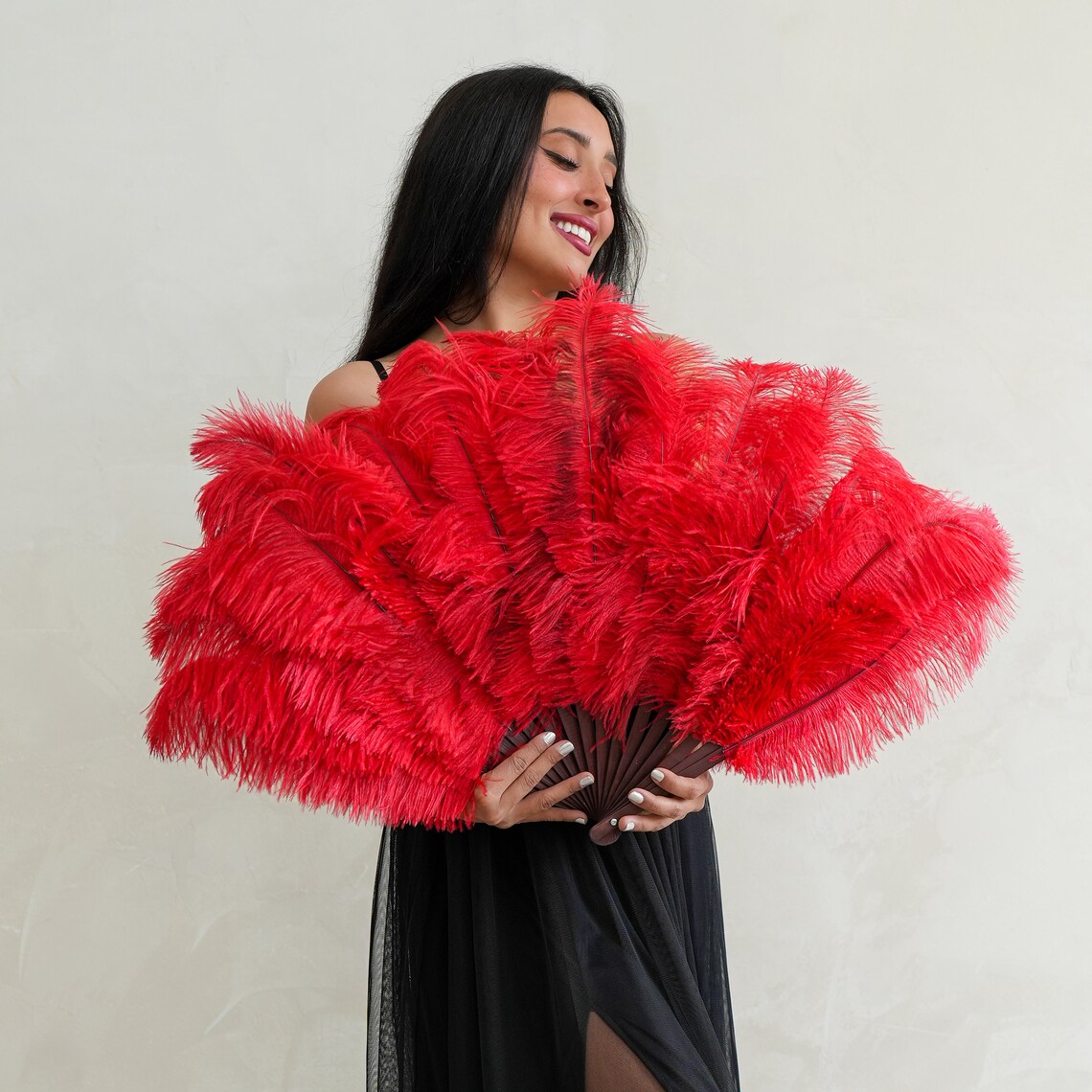 Red Ostrich Floss Feather Fan for Burlesque Fan Dance, Showgirl Costume ...