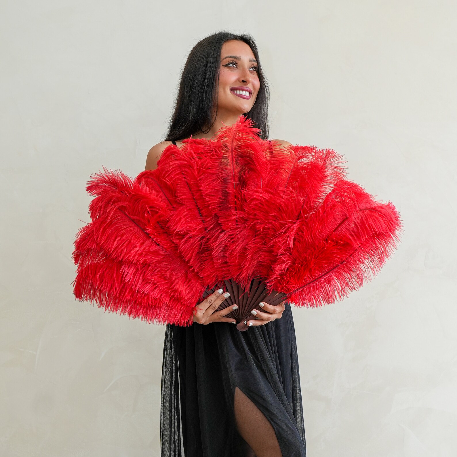 Red Ostrich Floss Feather Fan for Burlesque Fan Dance, Showgirl Costume ...