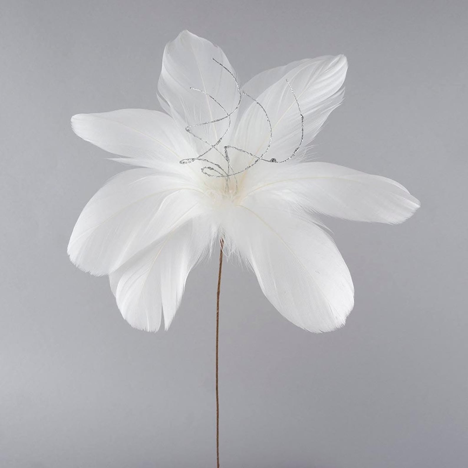 White Feather Flower With Silver Accent - Decorative Feather Flower ...