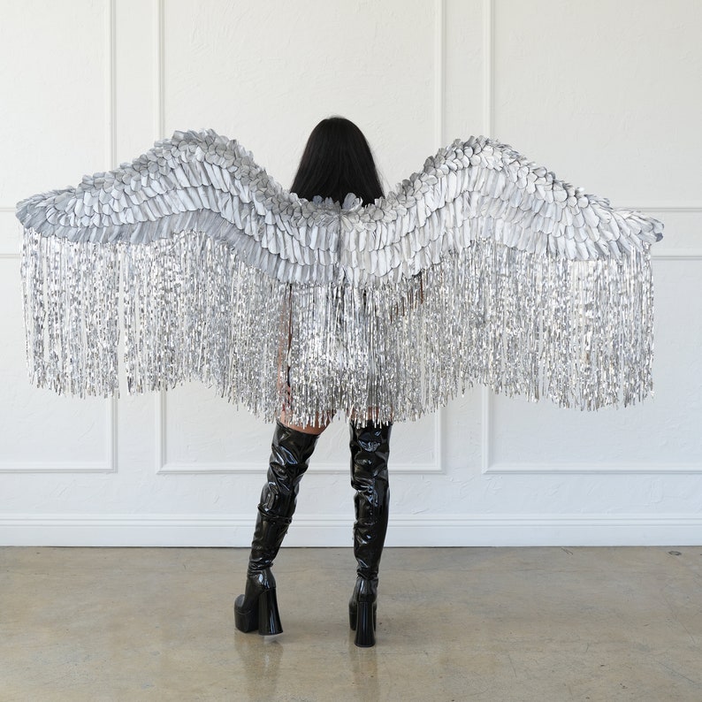 Glimmering Deluxe Silver Metallic Feather Angel Wings, Large Feather ...