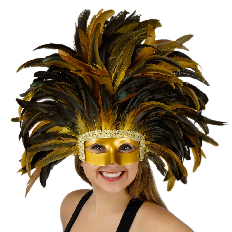 YELLOW Feather Headdress With Gold Removable Masquerade Mask - Etsy