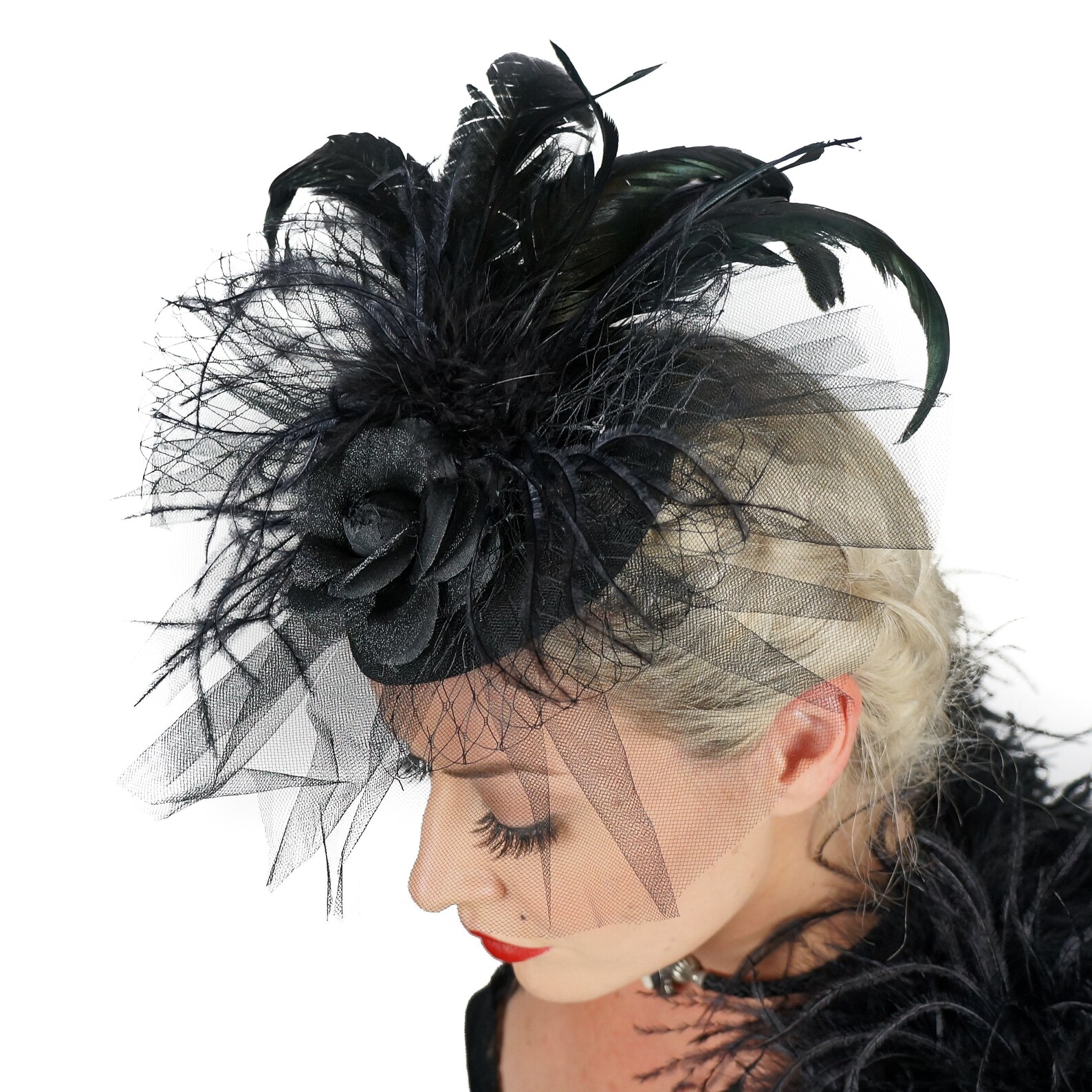 Black Feather Vintage Style Fascinator With Tulle Veil for | Etsy