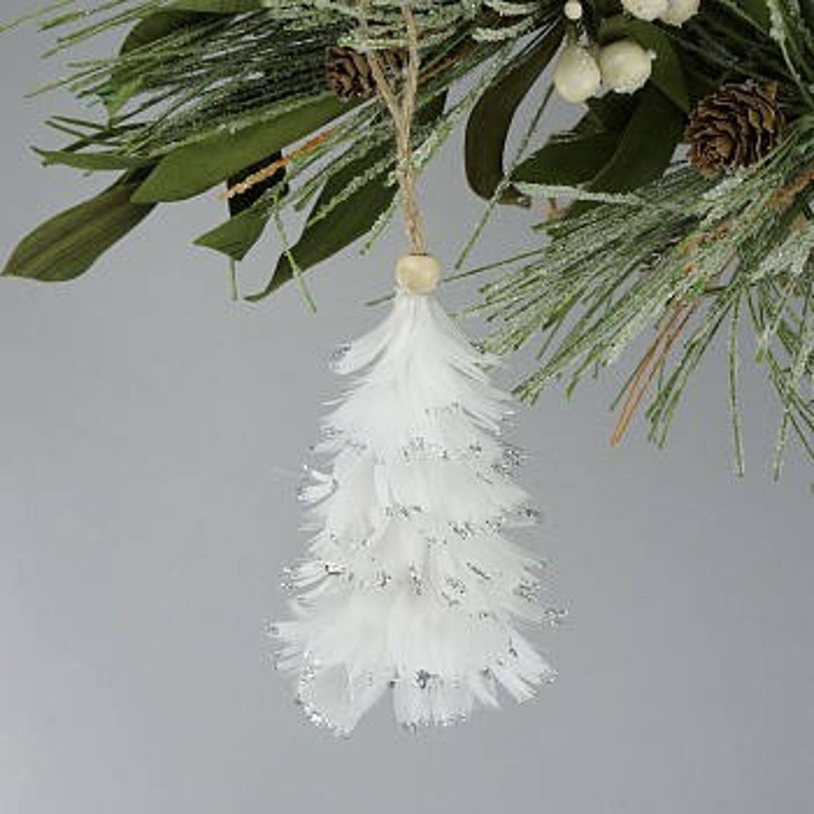 Decorative Mini Feather Tree Ornaments White W/glitter Tips - Christmas ...