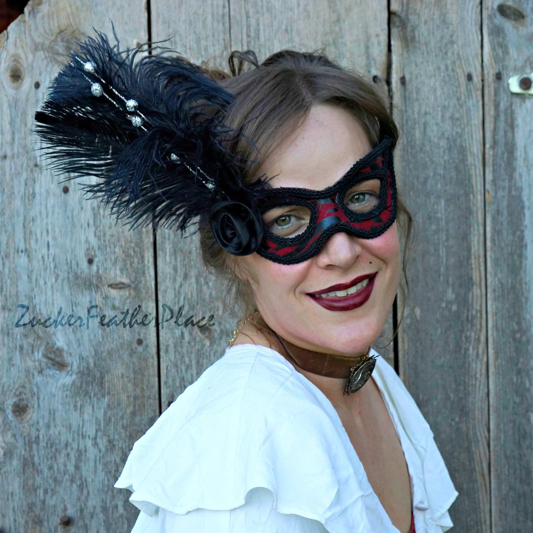 Black Feather Masquerade Mask, Black & Red Feather Mask W/ostrich ...