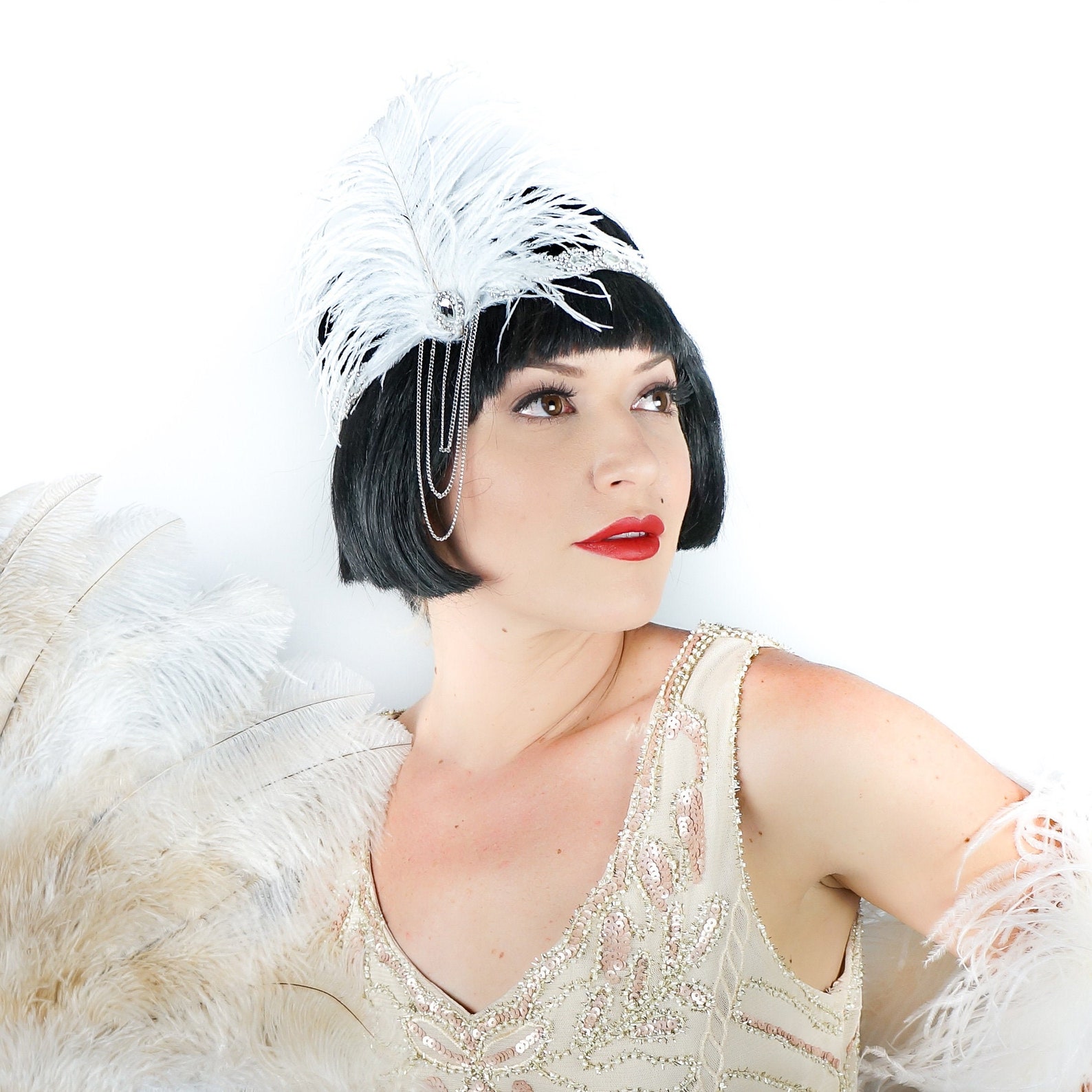 White Rhinestone Flapper Ostrich Feather Headband W/chainlink - Etsy