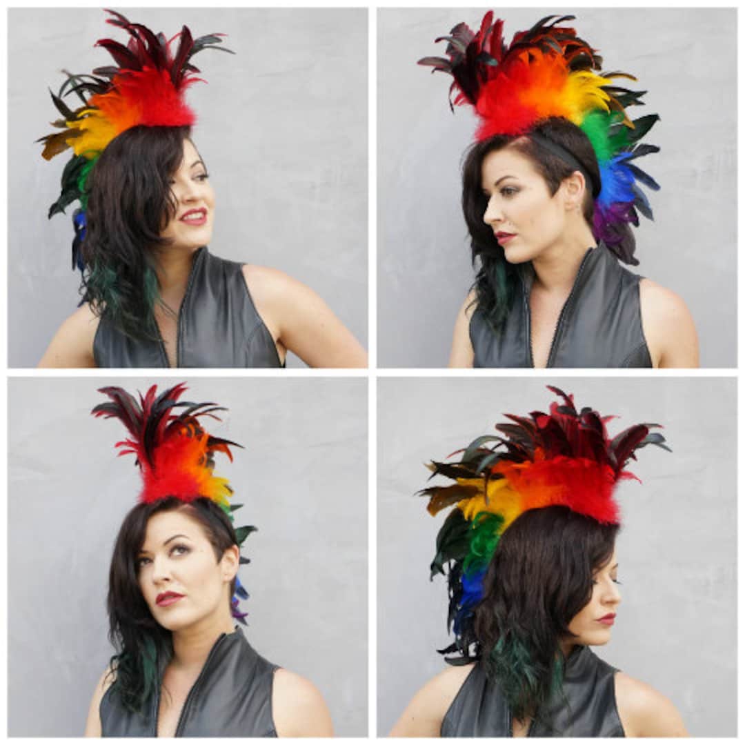 Rainbow Feather Mohawk for Costume, Cosplay, Carnival, Rave Wear, Pride ...