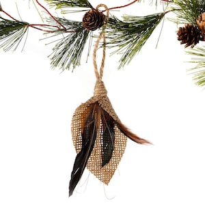 Decorative Feather Ornament - Burlap Tear Drop With Natural Feathers ...