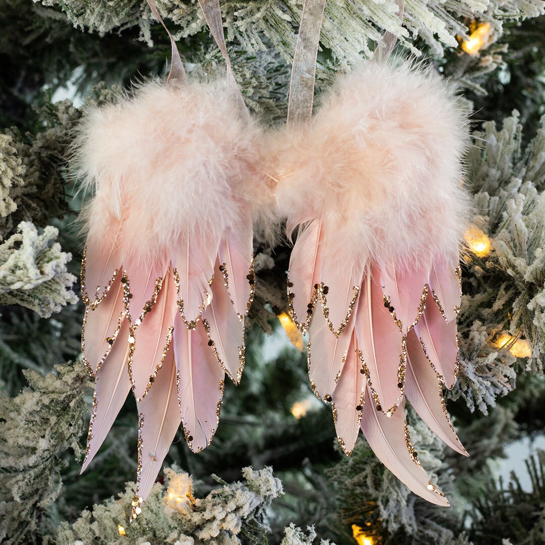 10" Rose Gold Feather Wing Ornament With Glitter Accents for Christmas ...
