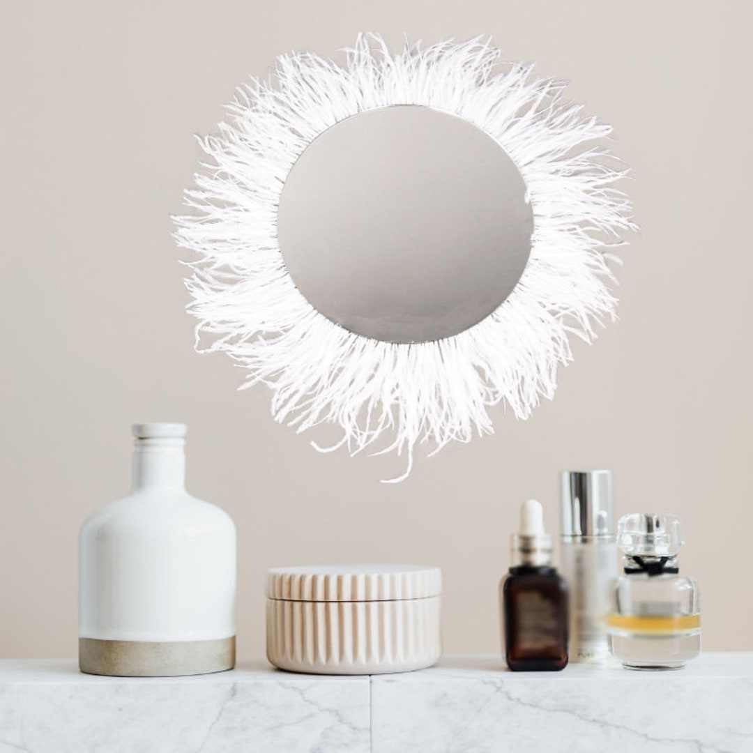White Feather Mirror, Decorative Ostrich Feather Wall Art, White ...