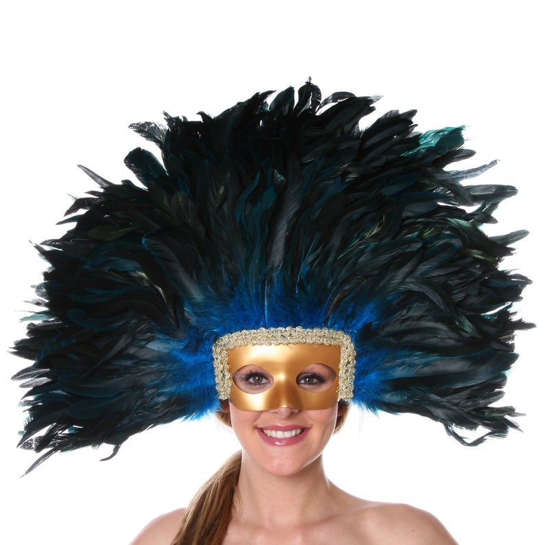 Feather Headdress DK.TURQUOISE With Gold Removable Masquerade Mask ...