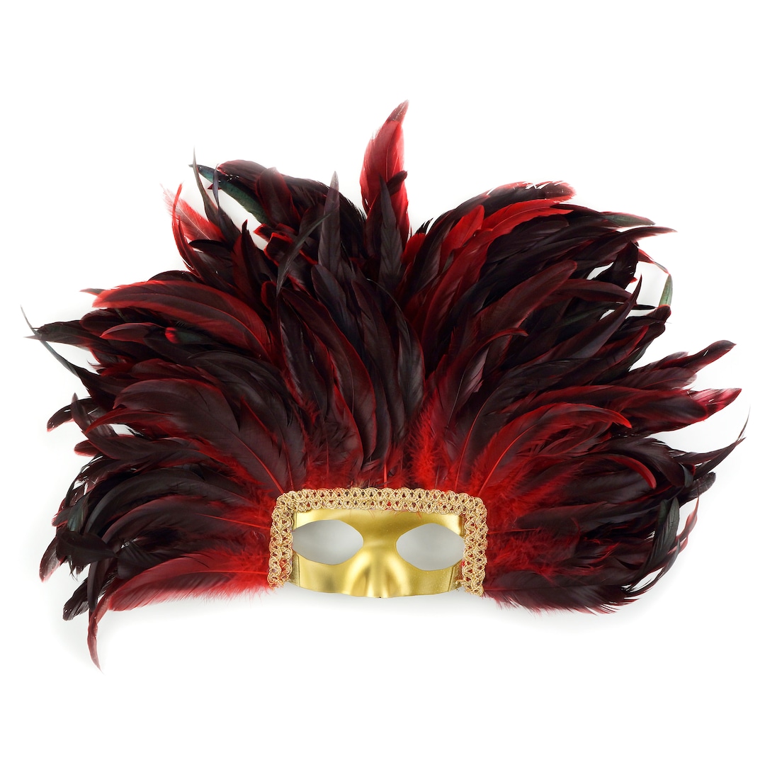 RED Feather Headdress With Gold Removable Masquerade Mask - Cultural ...