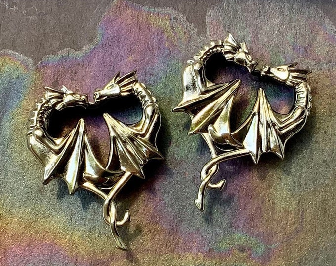 Entangled Dragons Ear Plugs Gauges Heart Shaped Silver Steel Tunnels ...