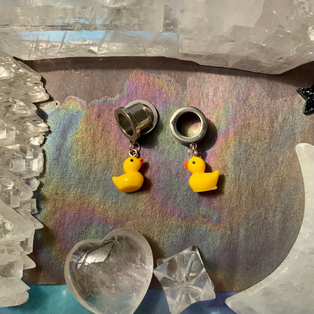 Quack Duck Dangle Gauges Rubber Ducky Earrings Steel Yellow Ducks ...