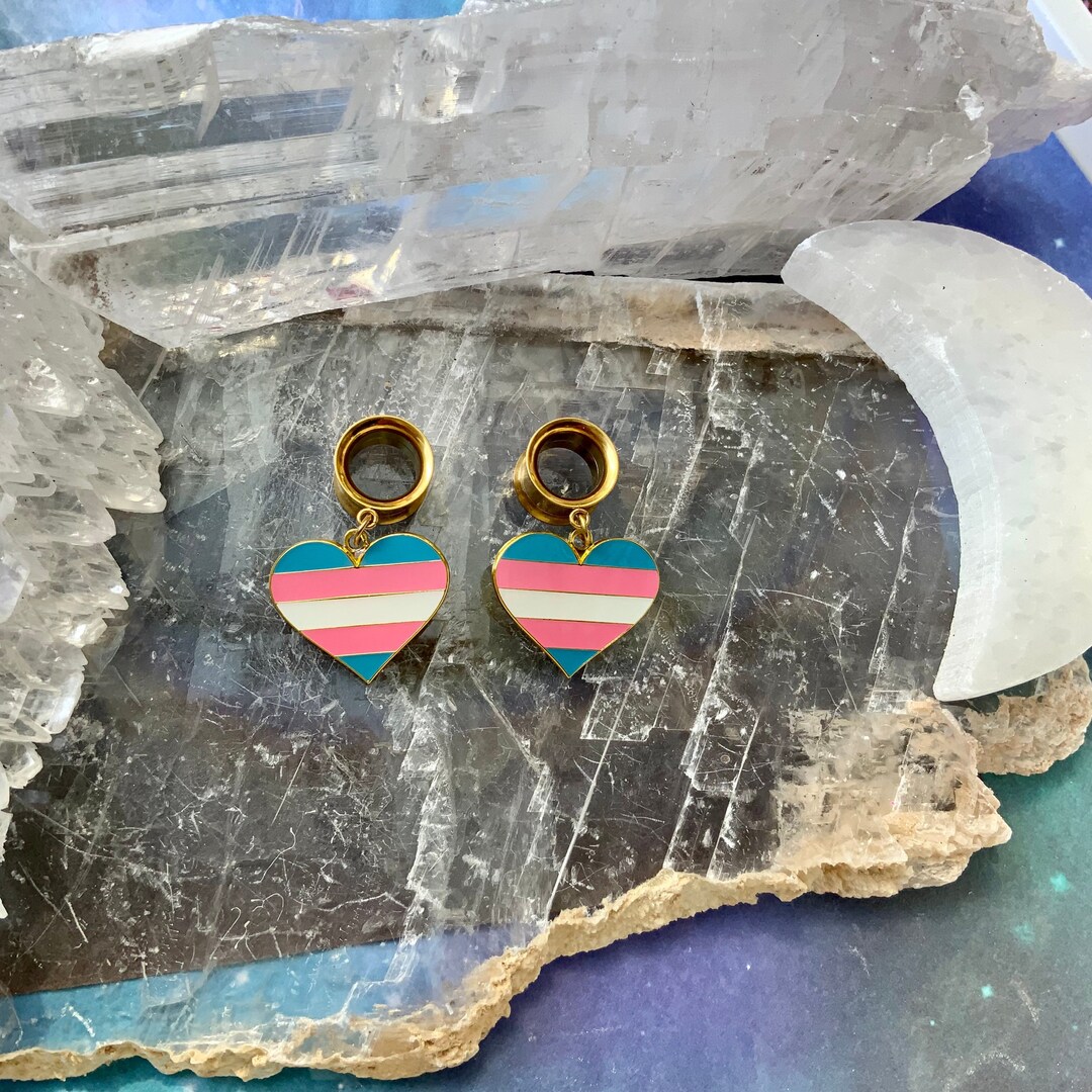 Trans Pride Dangle Earrings Transgender Flag Hearts Steel Stretched Ear ...