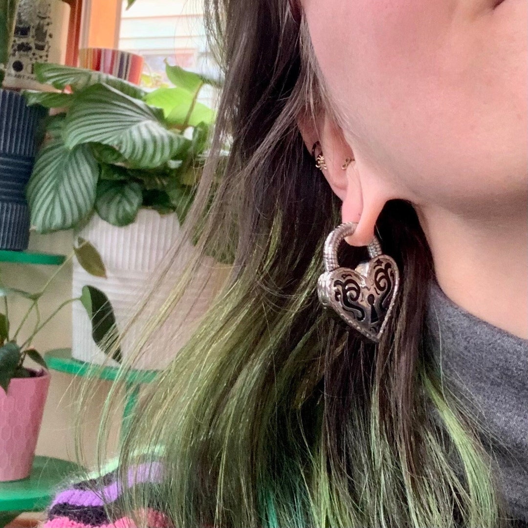 Forever Locked Ear Weights Silver Steel Heart Padlock Hangers Pair Ear ...