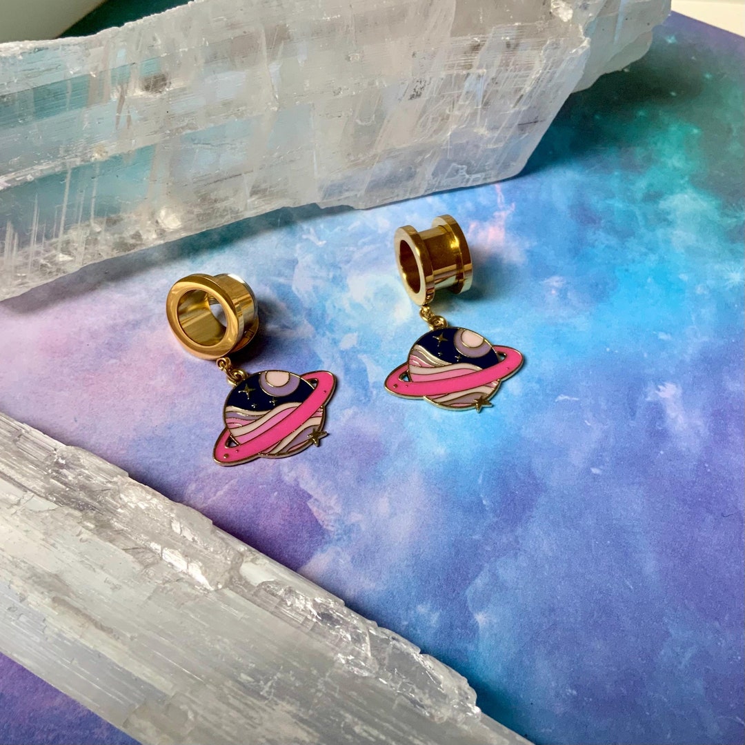 Planet Alien Babe Dangle Gauges Gold Steel Ear Plugs Tunnels Saturn ...