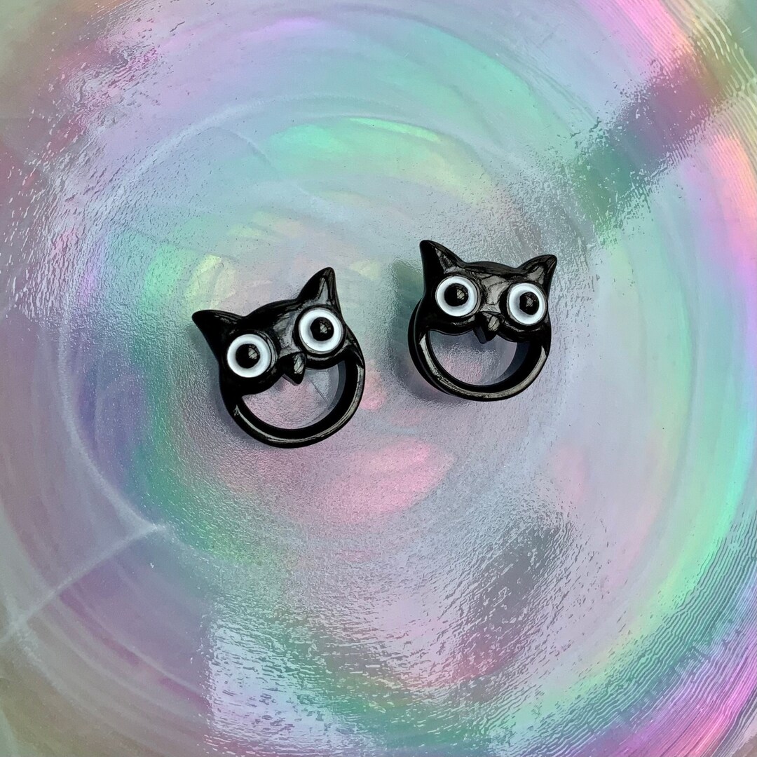 Felix the Owl Steel Ear Plugs Halloween Black Cat Face Gauges Owls ...