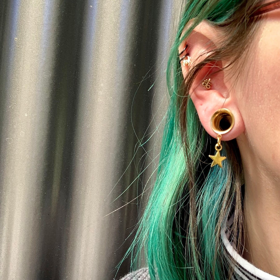 Golden Star Light Dangle Gauges Tiny Small Gold Stars Steel Ear Plugs ...