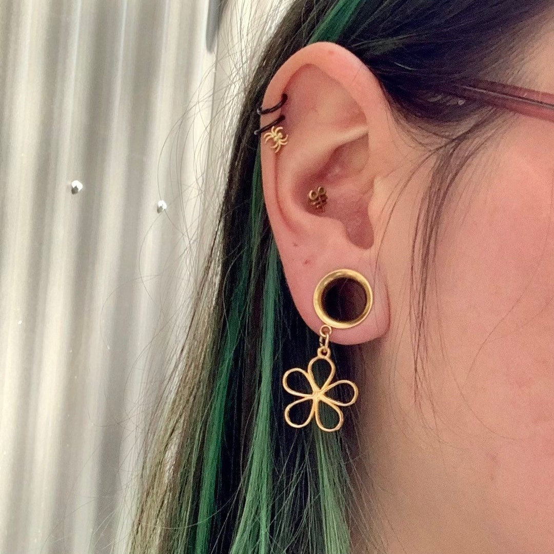 Inner Flower Dangle Earrings Flowers Gold Golden Steel Stretched Ear ...