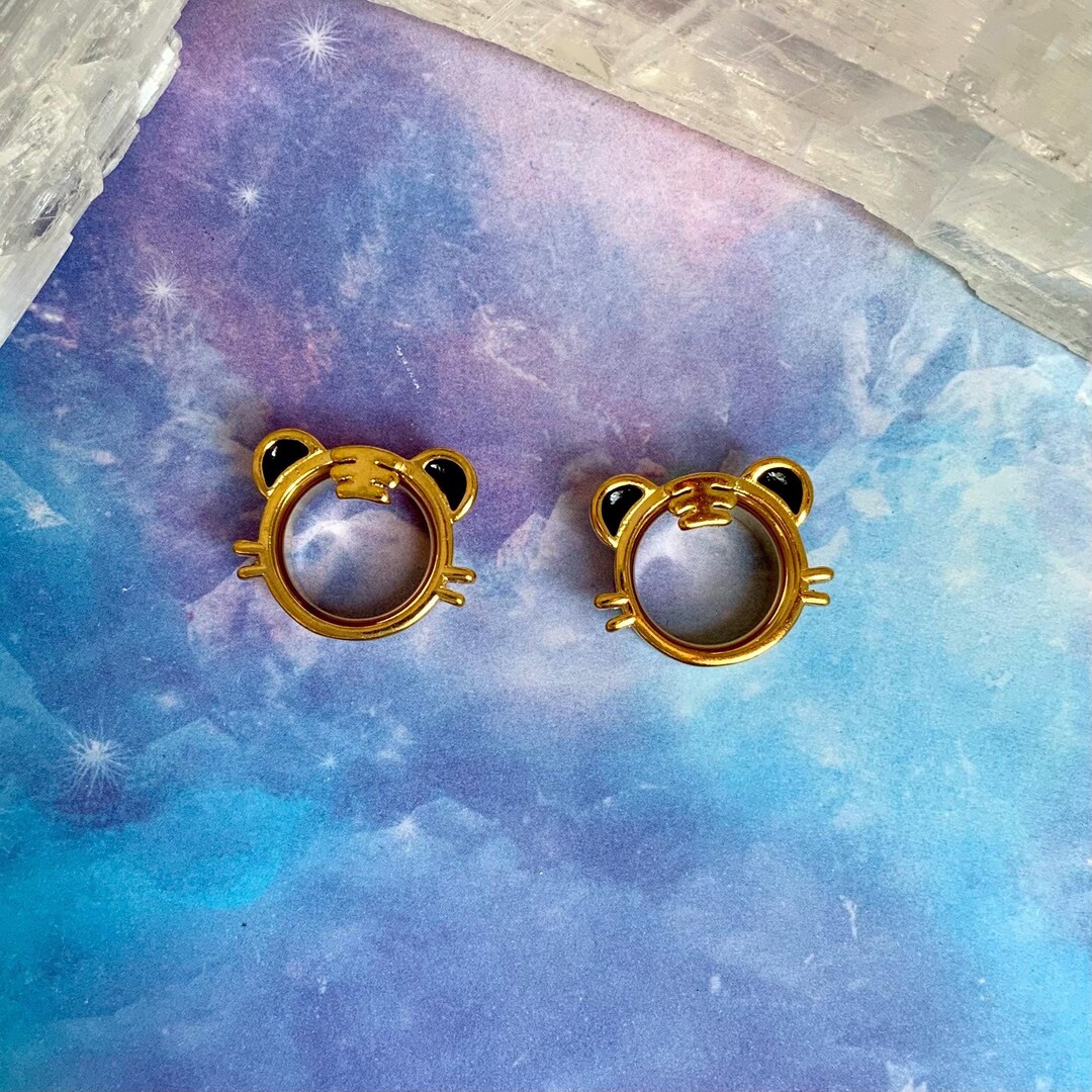 Tiger Cub Ear Plugs Gold Steel Double Flare Big Cat Whiskers Tabby Lion ...